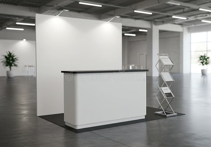 Exhibition Space Setup with Information Counter and Display Rack in ...