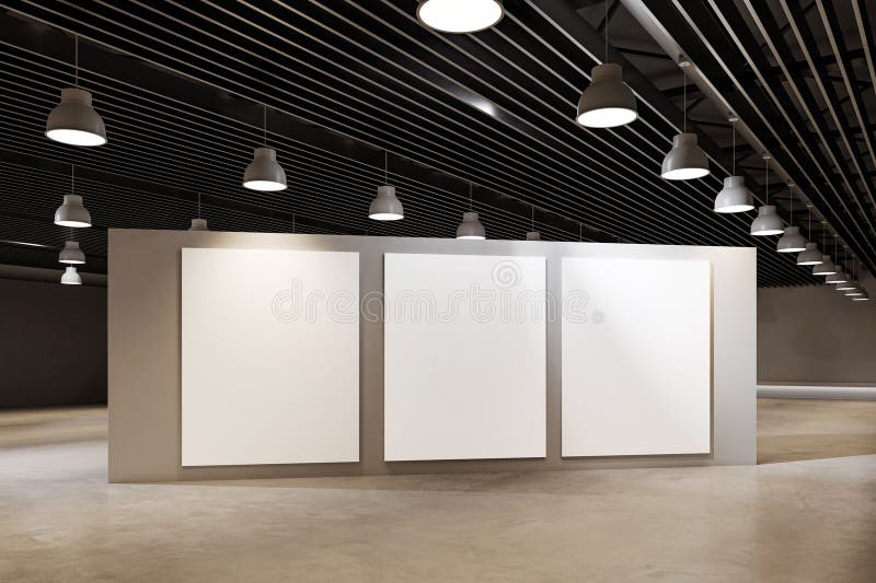 Exhibition Space with Three Blank Vertical Posters on a Modern Display ...