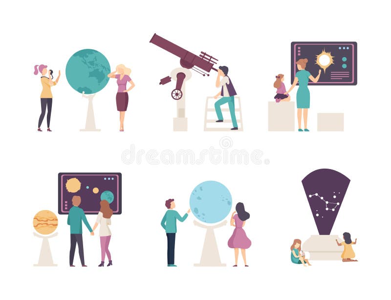 Exhibition Visitors Having Excursion at Planetarium. People Looking at ...