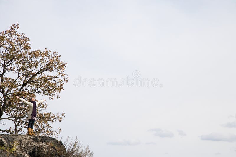 Exhilarated Woman Standing on Rocks Stock Photo - Image of happiness ...