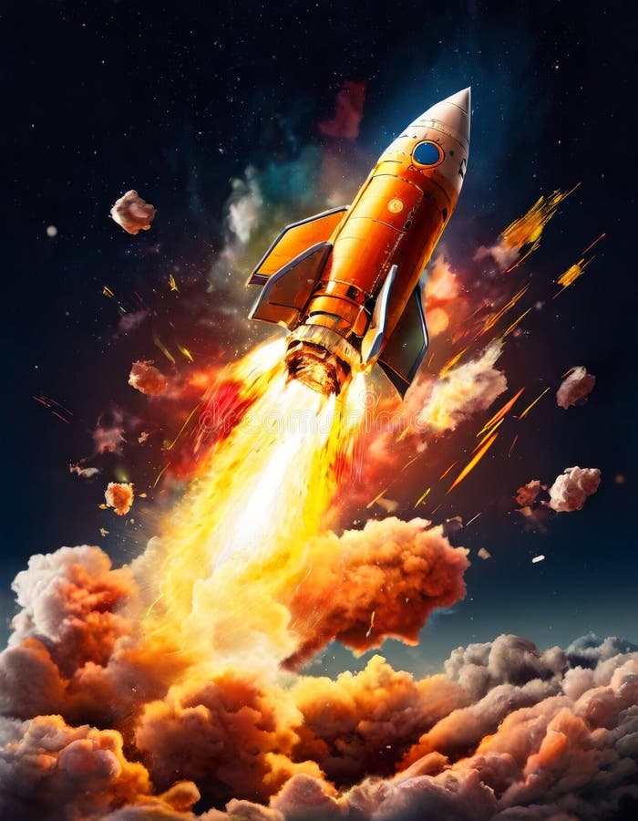 Rocket Blasting Off with Fiery Explosion through Clouds Stock Image ...