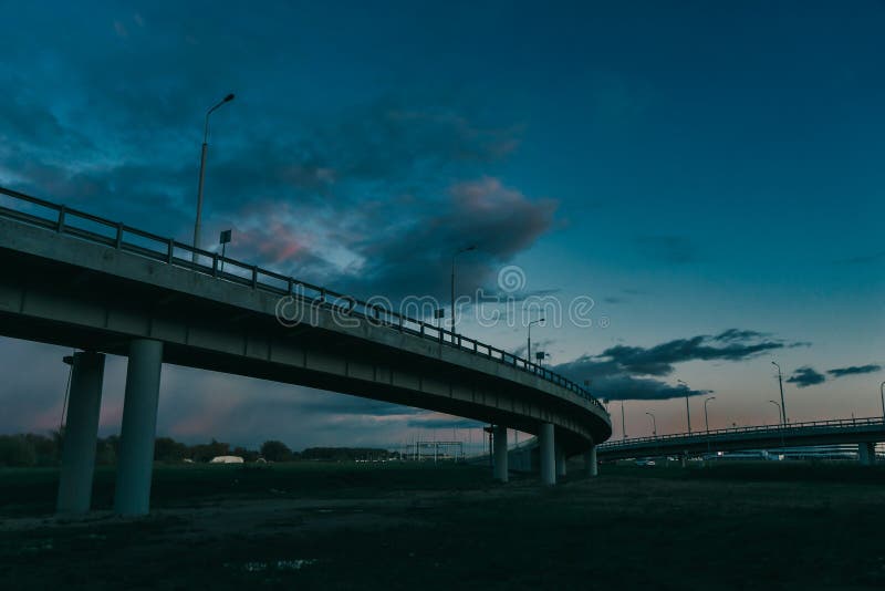 Exit from the Overpass on the Highway. Evening Cityscape Stock Image ...