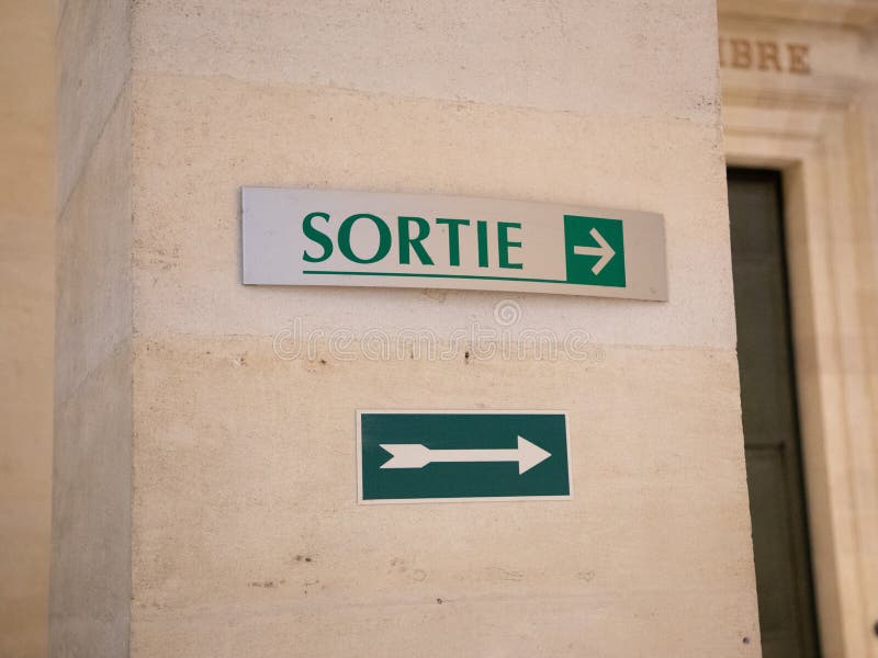 Exit Sign with Arrow Indicating in French Text Sortie Means Exit Stock ...