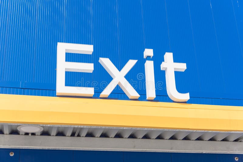 Exit Sign Close-up on Blue Background Stock Image - Image of leave ...
