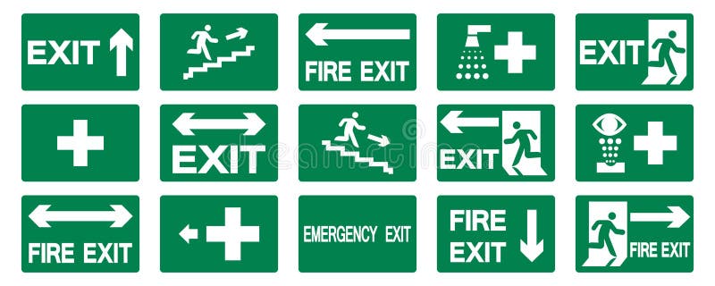 Exit Sign Collection in Green. Set of Emergency Fire Exit Green Signs ...