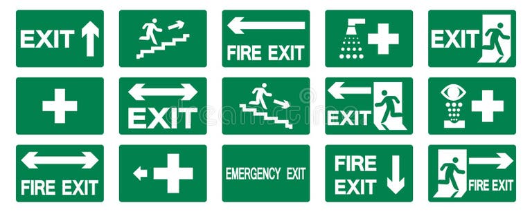 Exit Sign Collection in Green. Set of Emergency Fire Exit Green Signs ...