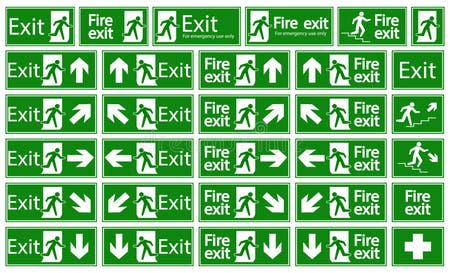 Exit Sign Collection in Green. Set of Emergency Fire Exit Green Signs ...