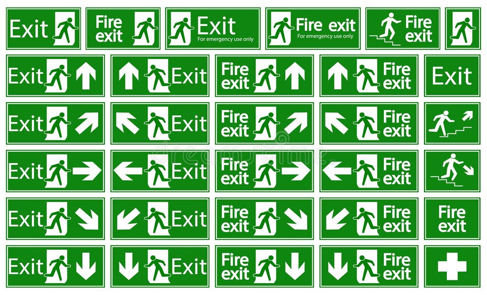 Exit Sign Collection in Green. Set of Emergency Fire Exit Green Signs ...