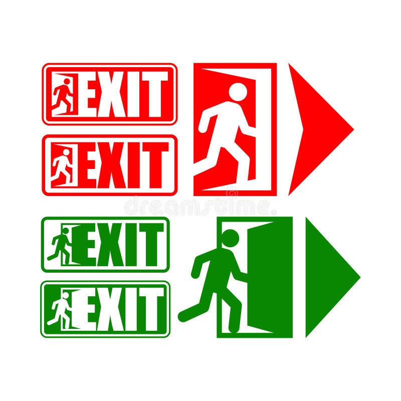 Exit Sign Evacuation Icon Set. Man Exiting Door Symbol Stock ...