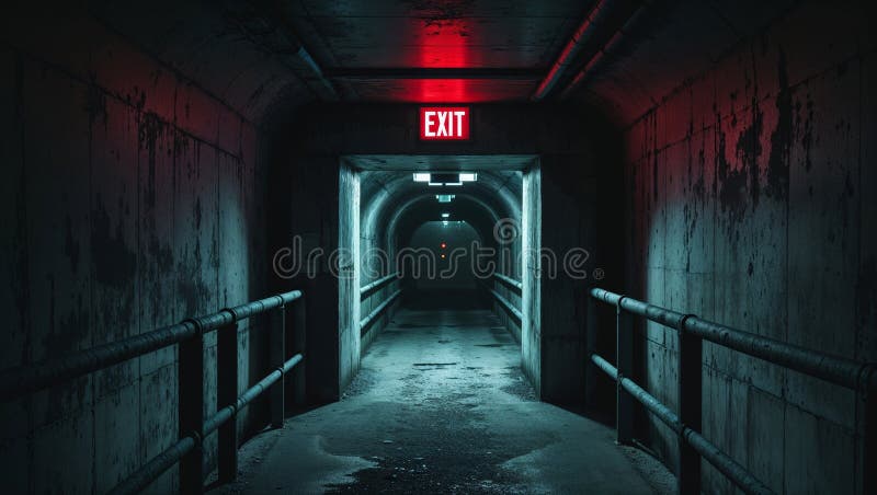 Exit Sign Illuminates Dark and Gritty Grunge Tunnel Corridor for ...
