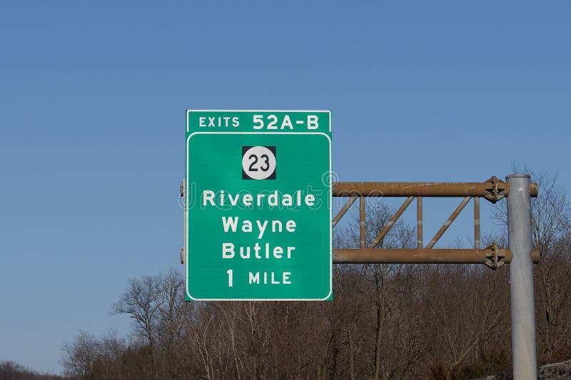 Exit Sign for Riverdale, Wayne and Butler, New Jersey Stock Image ...