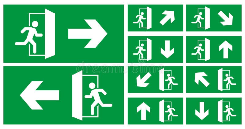 Emergency Exit Sign Set. Green Color. Warning Sign Plate Stock Vector ...
