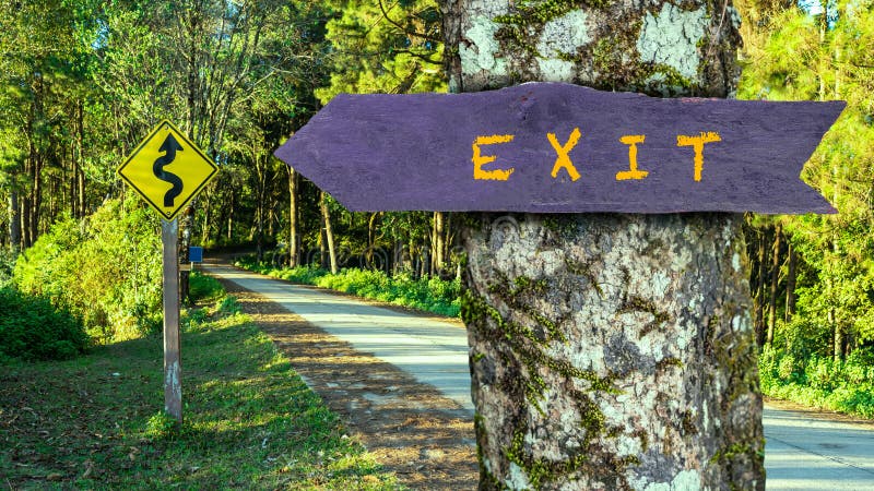 Exit Wood Sign is on Tree in the Forest Stock Photo - Image of ...