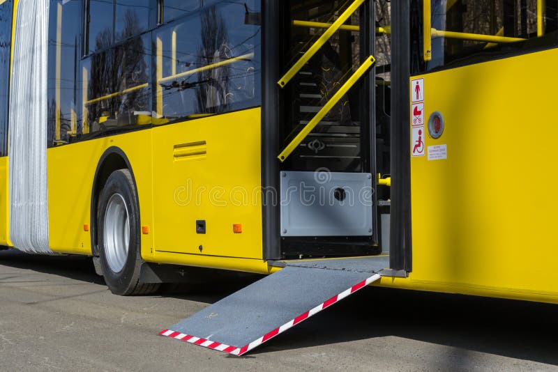 Exit Yellow Bus with Drop-down Ramp Stock Image - Image of vehicle ...