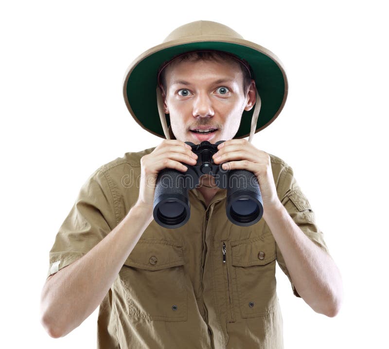 Surprised Explorer Looking Through Binoculars Stock Image - Image of ...