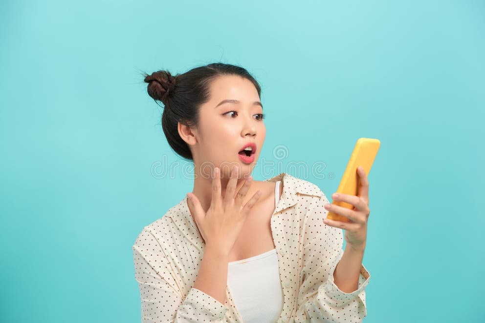 Exited Girl is Shocked because of a Surprising Message Stock Image ...