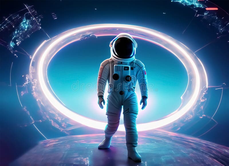 Exiting the Void a Futuristic Space Astronaut Exiting a Glowing Loop ...