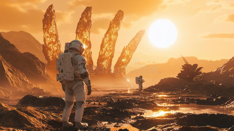Astronauts Exploring Alien Landscape at Sunset Stock Illustration ...