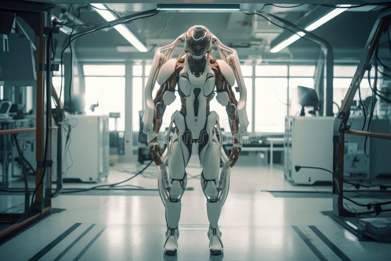 Exoskeleton Suit Standing in Futuristic Lab Setting Stock Illustration ...