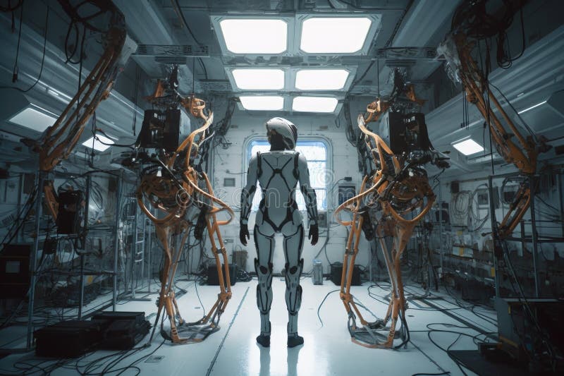 Exoskeleton Suit Standing in Futuristic Lab Setting Stock Illustration ...