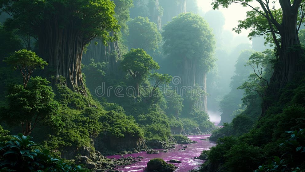 Exotic Alien Jungle Planet with Towering Trees and Purple Rivers Stock ...