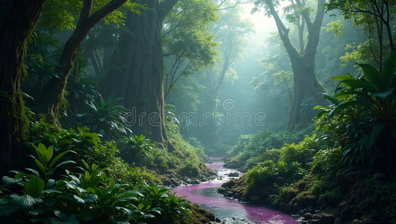 Exotic Alien Jungle Planet with Towering Trees and Purple Rivers Stock ...