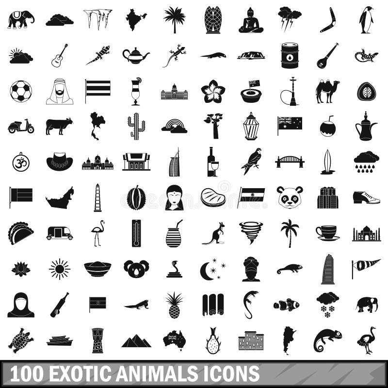 100 Exotic Animals Icons Set, Simple Style Stock Vector - Illustration ...