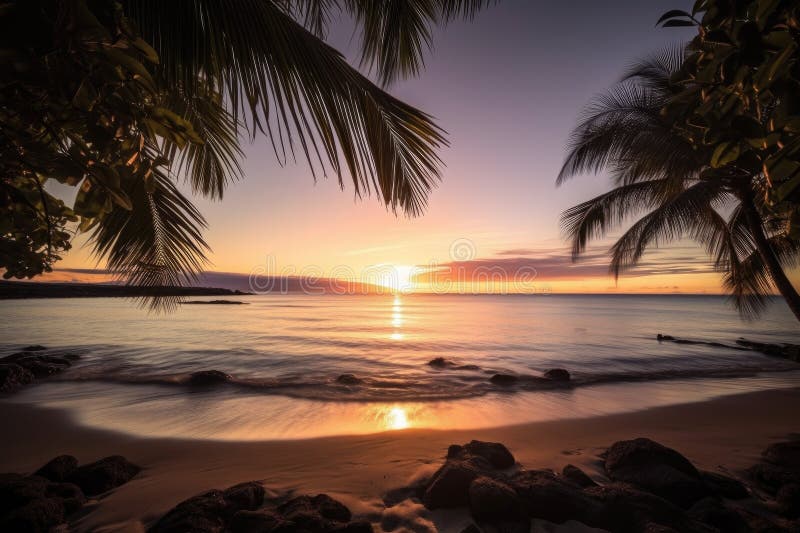 Exotic Beach, with View of Sunset and Palm Trees in the Background ...