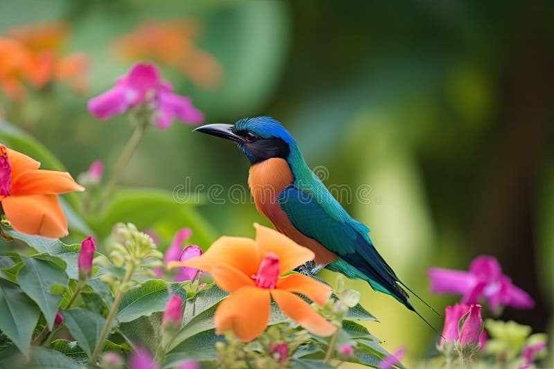 Exotic Bird on Colorful Flower, in Tranquil Garden Stock Illustration ...