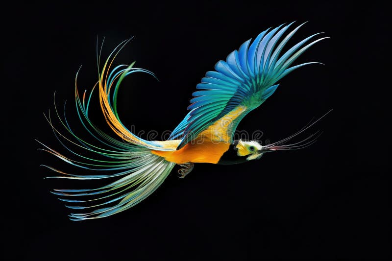 Exotic Bird Flying Showing Long Tail Feathers on Black Background Stock ...