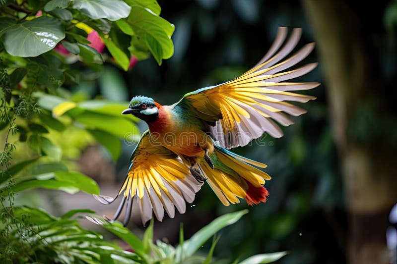 Exotic Bird Taking Flight from Garden, Its Wings Fluttering in the Wind ...