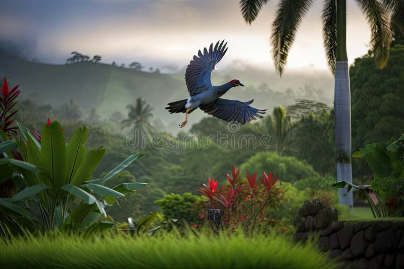Exotic Bird Taking Flight Over Lush Garden, with Stunning Scenery in ...