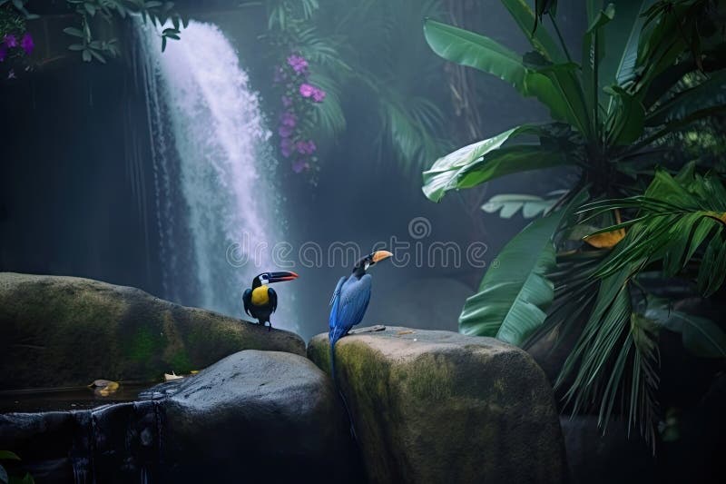 Exotic Bird in Tropical Garden Waterfall, with Misty Spray Stock ...