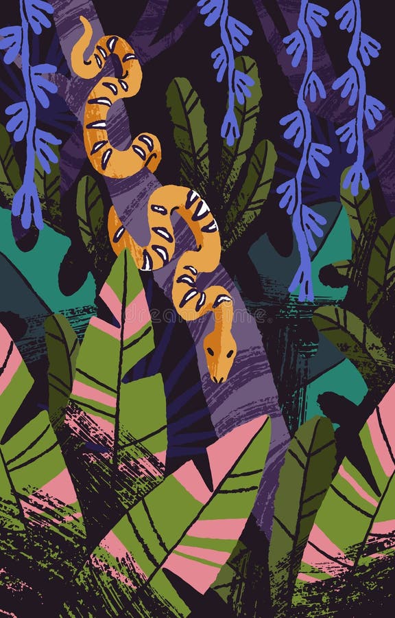 Exotic Boa Crawling on Tree in Jungle Poster. Patterned Python is in ...