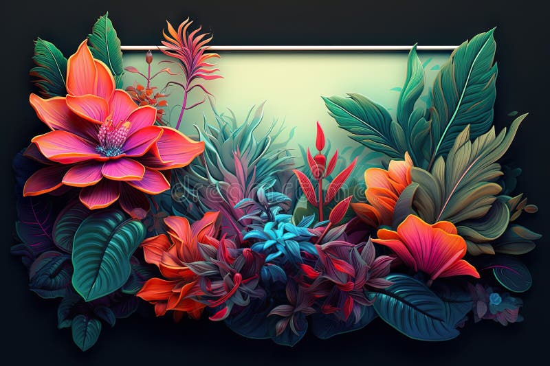 Exotic Botanical Oasis Tropical Leaves and Large Exotic Flowers Frame ...