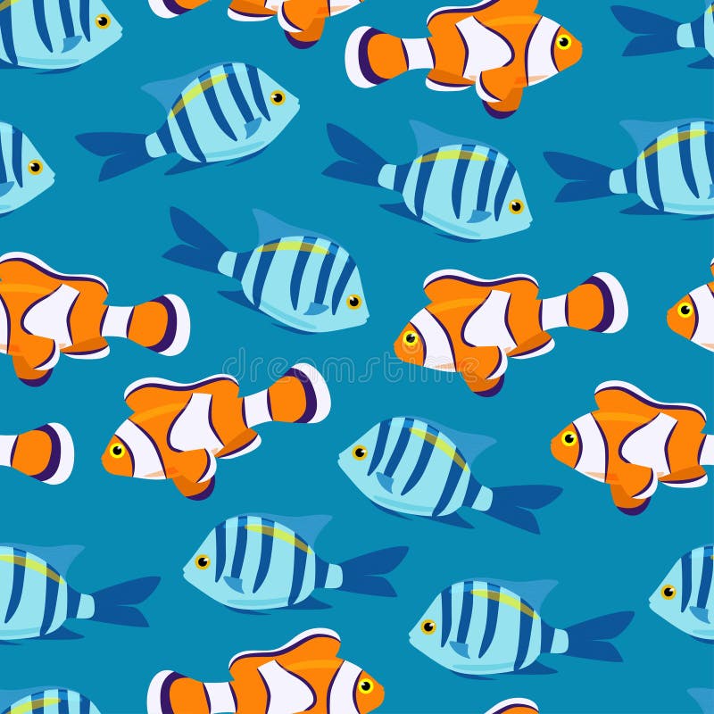 Exotic Bright Fish Seamless Pattern. Vector Clown Fish in Flat Style ...
