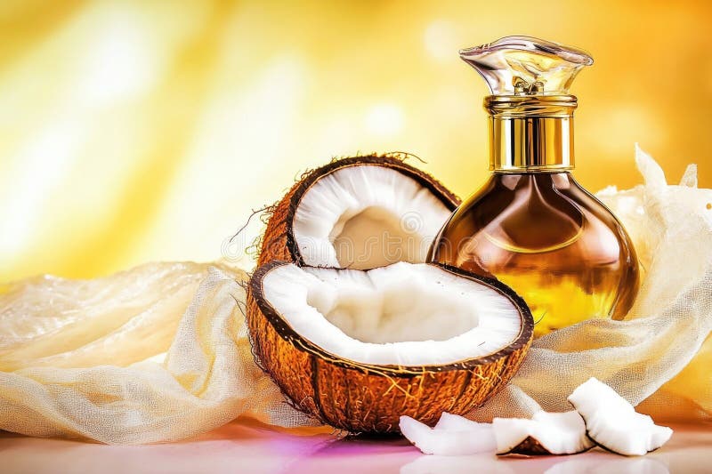 Exotic Coconut Oil with Fresh Coconuts on Radiant Background Stock ...