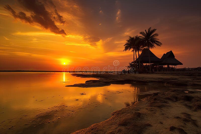 Exotic Destination, with the Sun Setting Behind the Horizon, Casting a ...