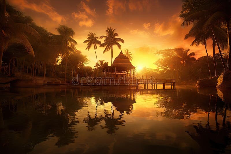 Exotic Destination at Sunset, with the Sun Setting and Casting a Warm ...