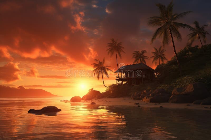 Exotic Destination at Sunset, with the Sun Setting and Casting a Warm ...