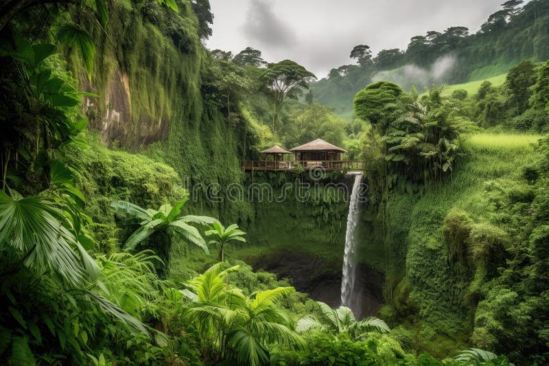 Exotic Destination, with View of a Cascading Waterfall, Surrounded by ...
