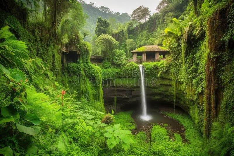 Exotic Destination, with View of a Cascading Waterfall, Surrounded by ...