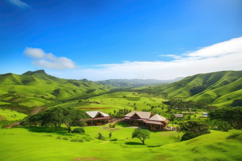 Exotic Destination with View of Rolling Green Hills and Blue Skies ...