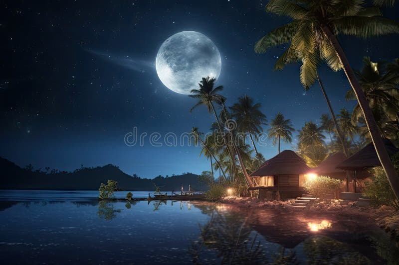 Exotic Destination, with View of the Stars and Moon Shining in the ...