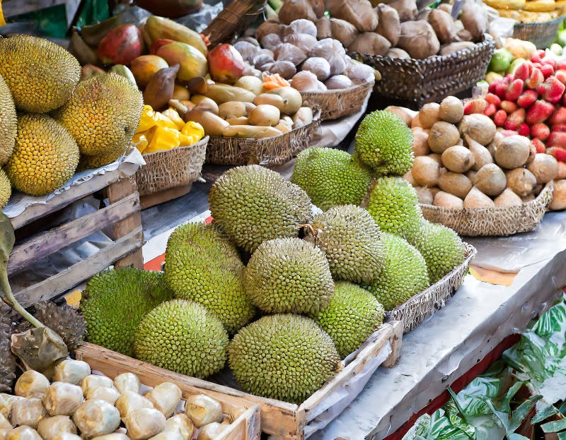 Exotic Durian Fruit Display at a Tropical Market Stock Photo - Image of ...