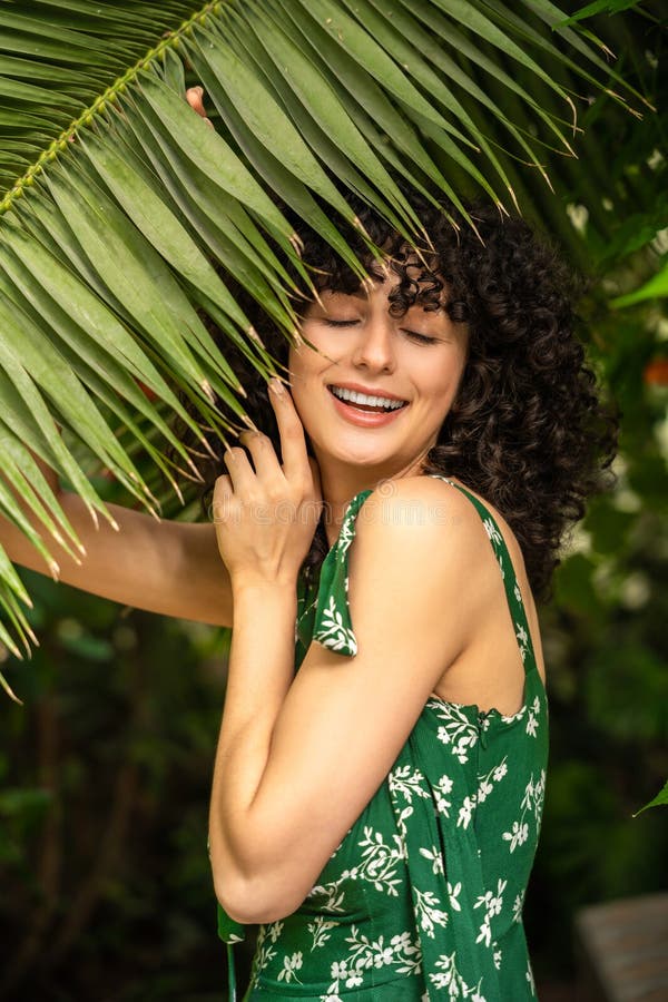 Exotic Female Model among Green Leaves Stock Image - Image of care ...