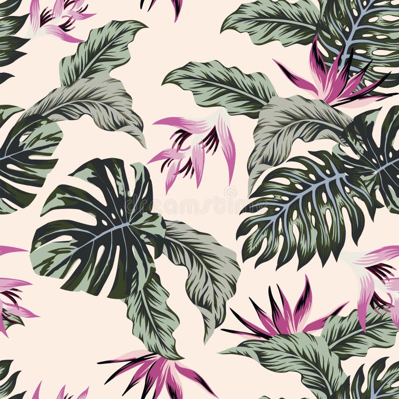 Tropical Leaves Green Seamless Pink Background Stock Illustrations