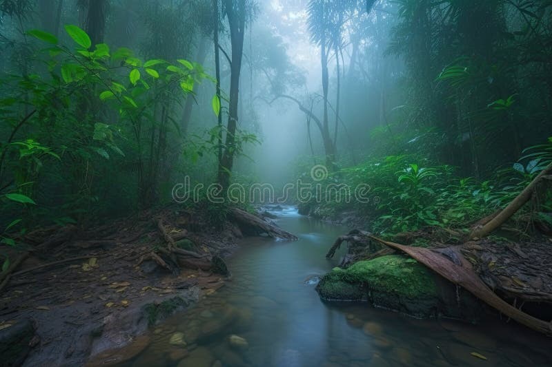Exotic Foggy Forest with Crystal Clear Stream, Surrounded by Greenery ...