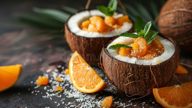 Exotic Fruit Cocktail in a Coconut Shell Garnished with Ice for a ...