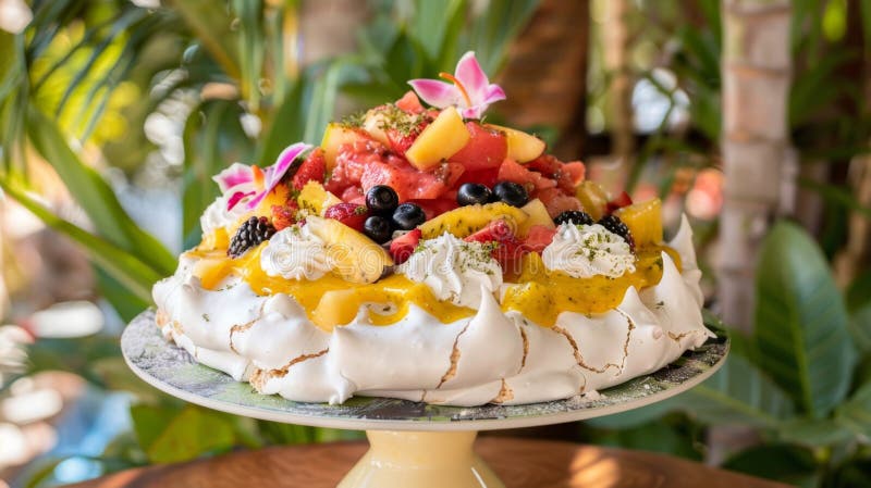 Exotic Fruit Pavlova Meringue Dessert on Elegant Display Stock Photo ...